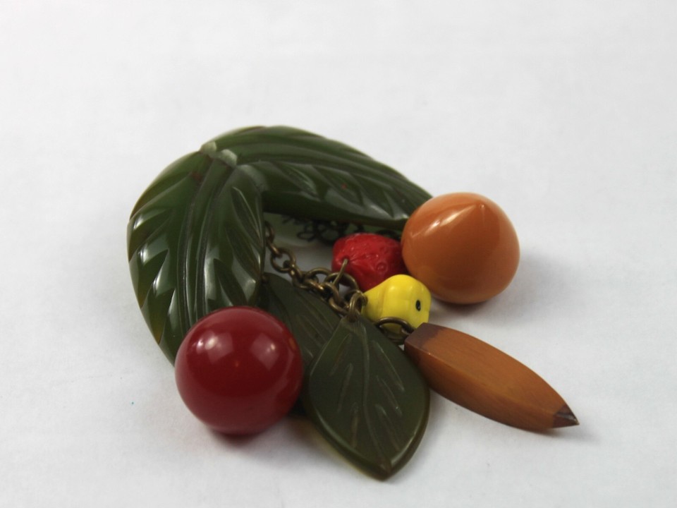 1940s Bakelite Fruit Salad Cluster Pin Brooch Dangling Carved Green ...