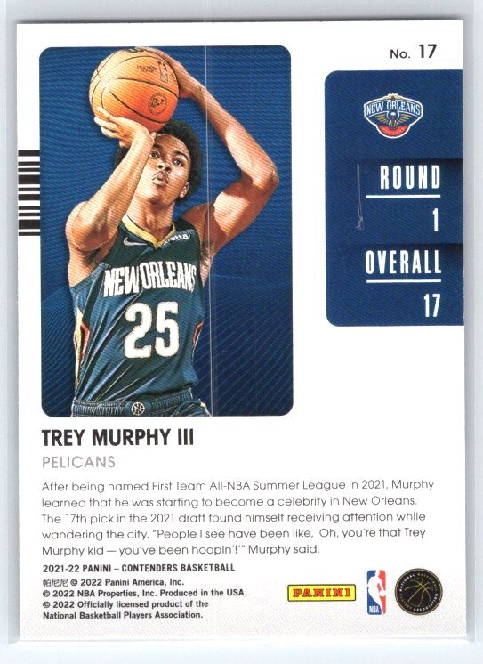 2021 Panini Contenders Trey Murphy III #17 RC Draft Class New Orleans ...