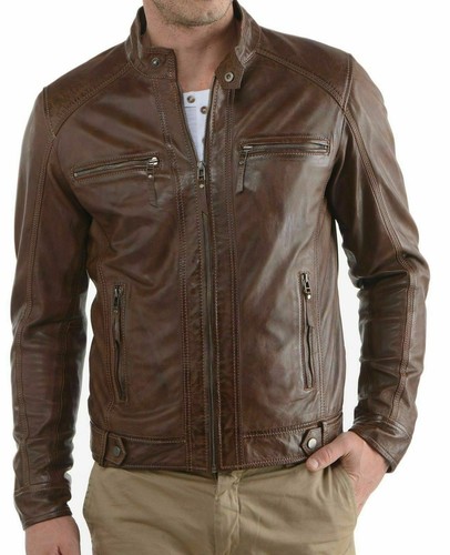 Vintage Brown Leather Jacket For Men Classic Style Real Lambskin ...