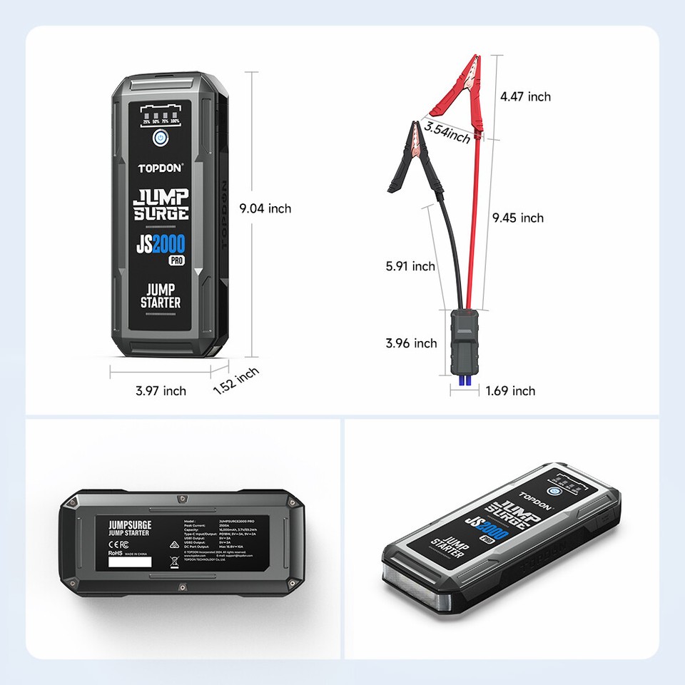 TOPDON 2500A Car Jump Starter Pack 12V Booster Power Bank USB Battery ...