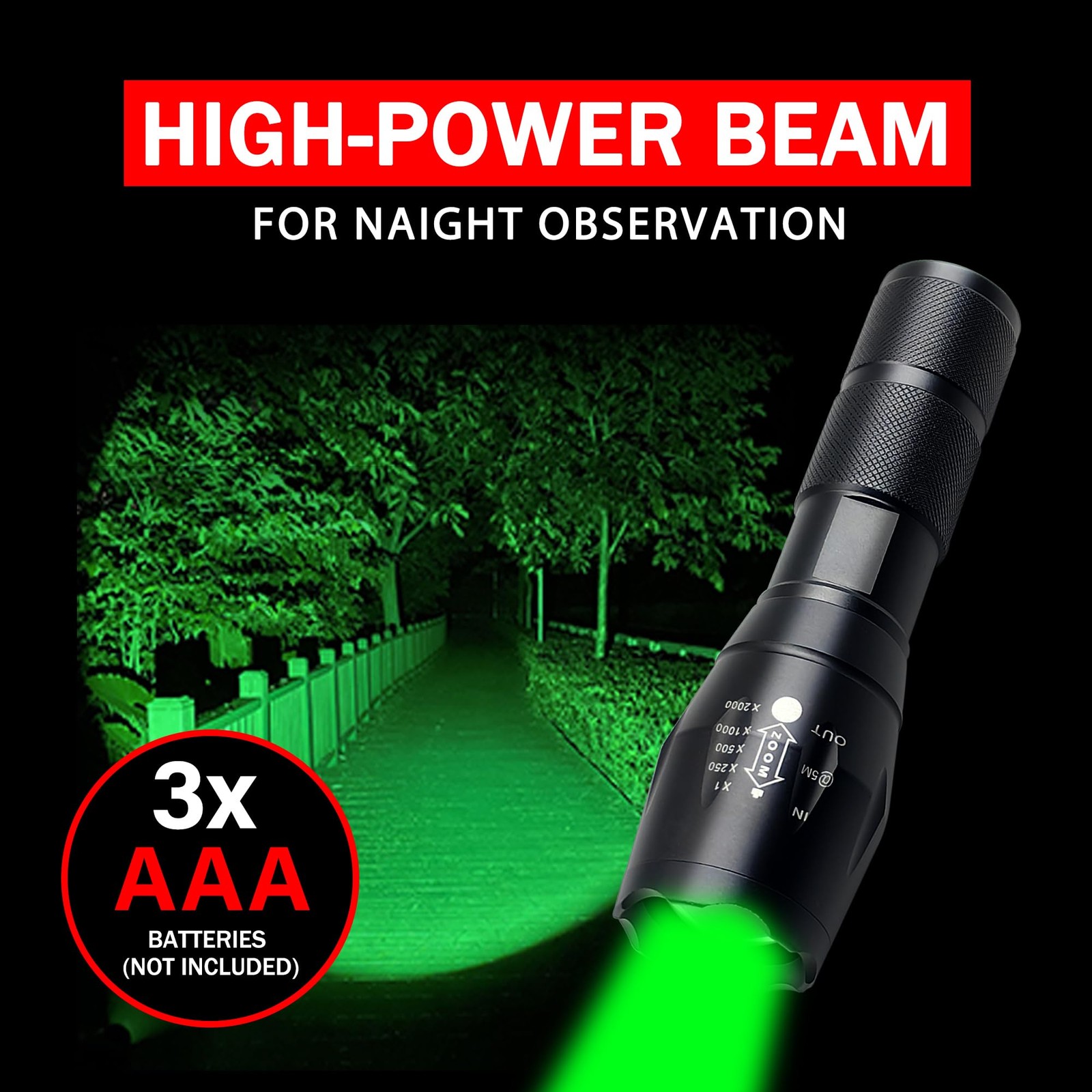Green Light Flashlight Zoomable LED Single Mode Torch for Hunting Night ...