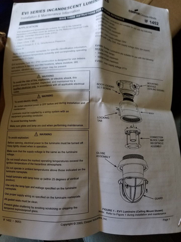 (1x)Cooper Crouse-Hinds EVICX2301 Explosion Proof Incan. Lighting ...