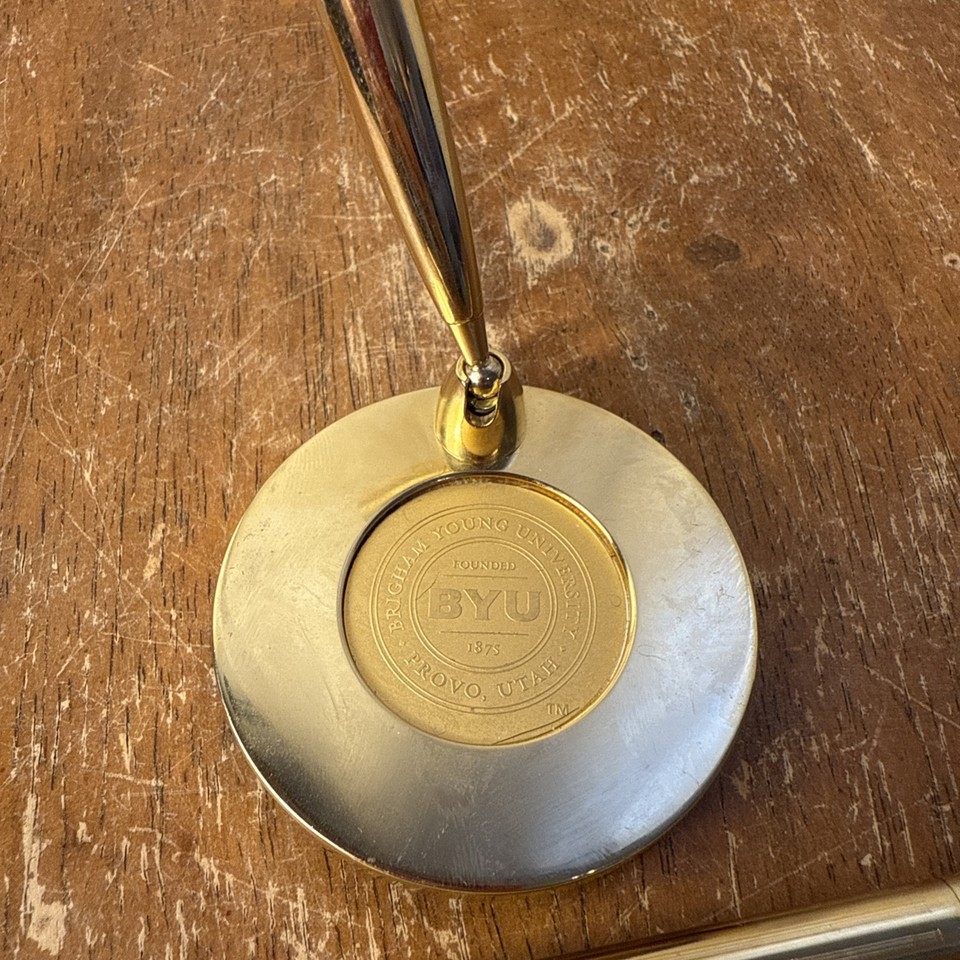 BYU Gold Plated Desk Set Ballpoint Pen Stand Collector Office Alumni ...