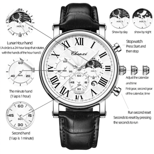 Mens Watch Vintage Style Moon Phase Chronograph Brown Stopwatch Brown ...