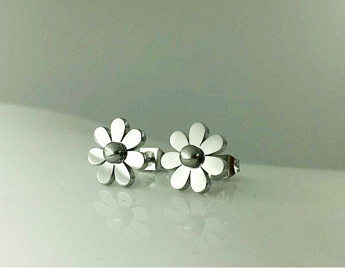 Daisy Flower Silver Stainless Steel Titanium 10mm Stud Earrings Gift ...