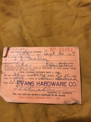 Vintage authentic Oklahoma Hunting License 1937 | eBay