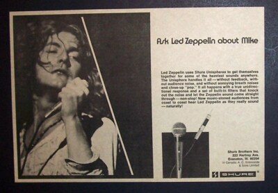 Robert Plant, Led Zeppelin, Shure Microphone 1974 Small Poster Type Ad ...