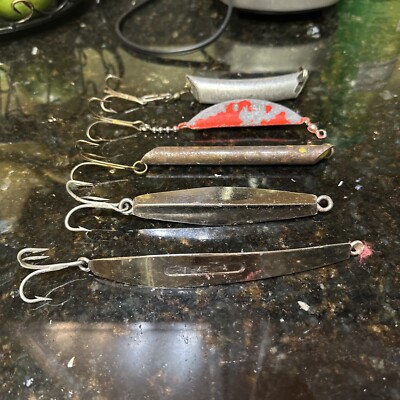 5 Vintage fishing lure lot, VI-KE, Steel Jigs, Cod, Tuna, Weighted Jig ...