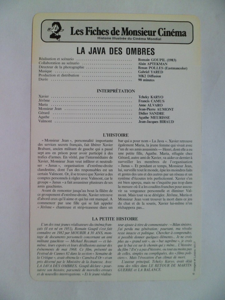 CARTE FICHE CINEMA 1983 LA JAVA DES OMBRES Tcheky Karyo Francis Camus Anne Alvar | eBay