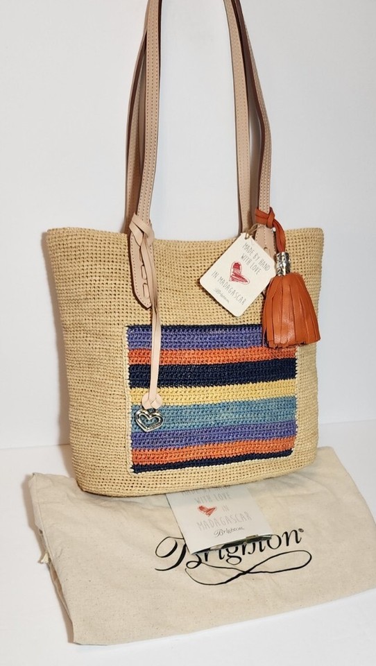 BRIGHTON FERRARA COLLECTION DINA MADAGASCAR RAFFIA & LEATHER TASSEL ...