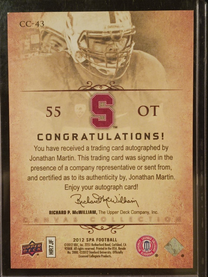 Very Rare Autograph 2012 SP Authentic Canvas Collection Jonathan Martin ...