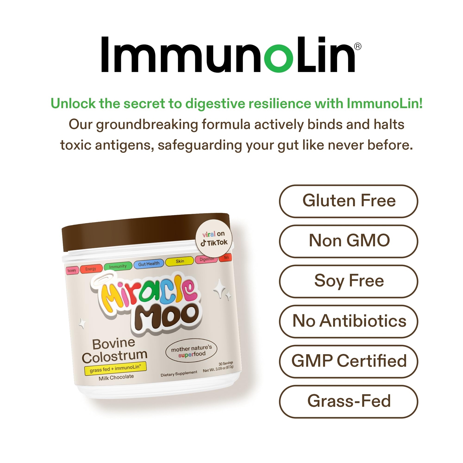 MIRACLE MOO Colostrum Supplement for Gut Health Hair Growth Beauty and ...