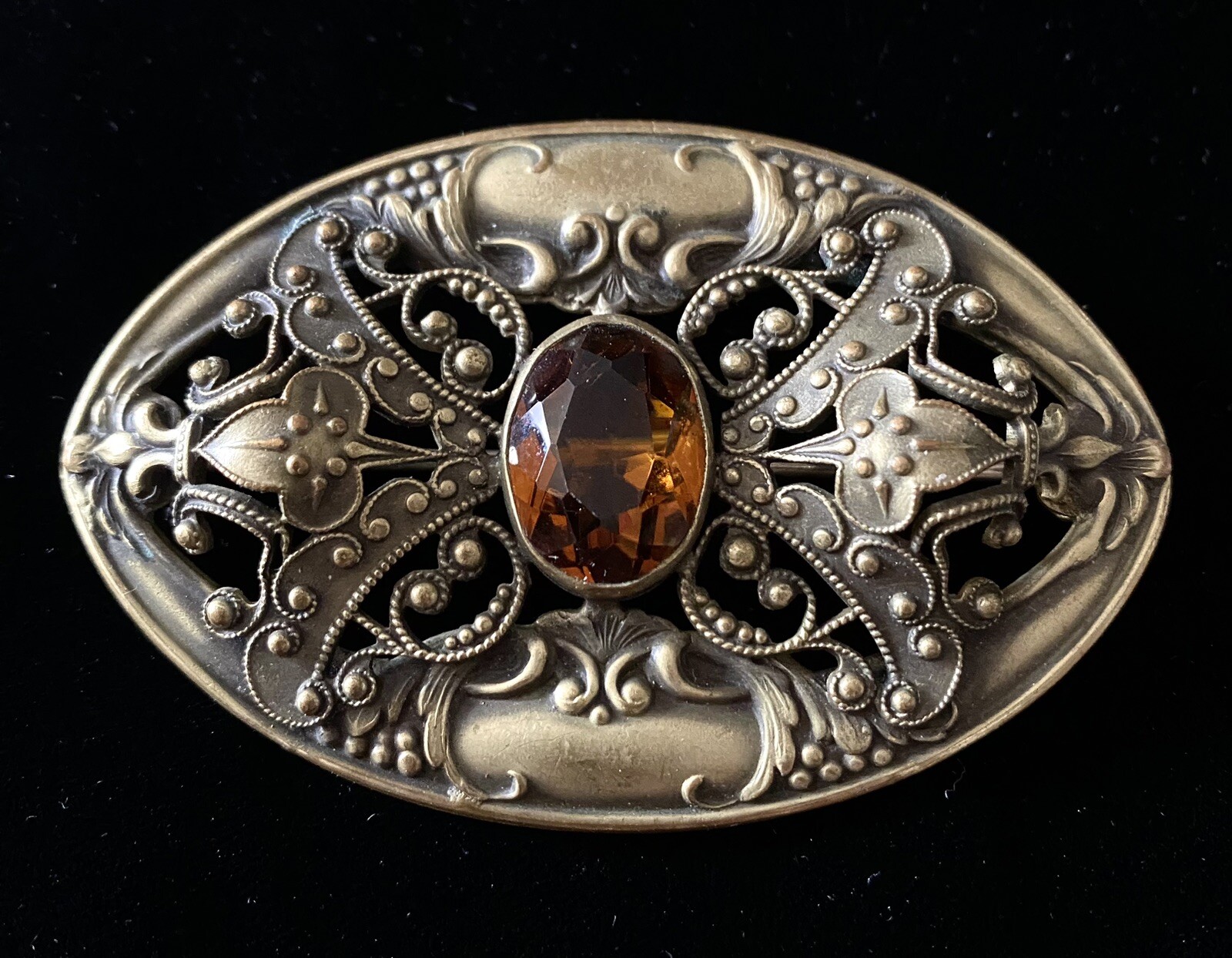 Large Antique Art Nouveau Filigree Amber Color Stone … - Gem
