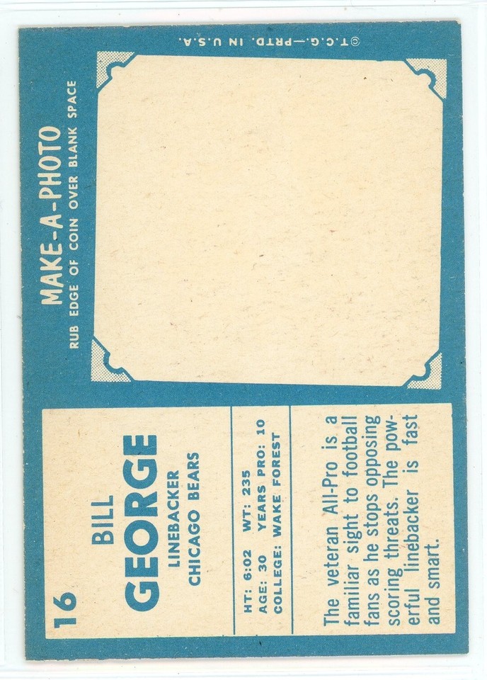 1961 TOPPS BILL GEORGE CARD #16 CHICAGO BEARS SET BREAK- CREASE FREE ...