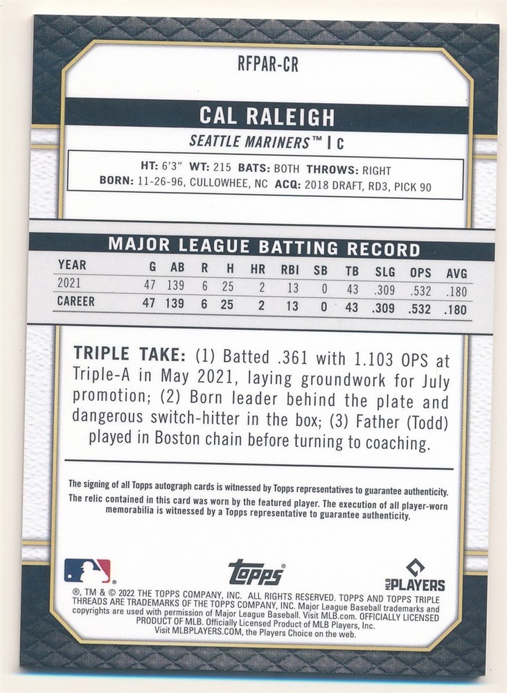 CAL RALEIGH 2022 TRIPLE THREADS RC PURPLE AUTOGRAPH JERSEY PATCH AUTO ...