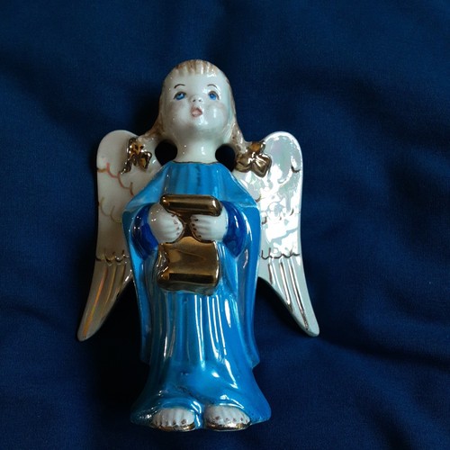 Vtg. 1950s Little Girl Angel Figurine in Blue Gown holding scroll, 5 ...