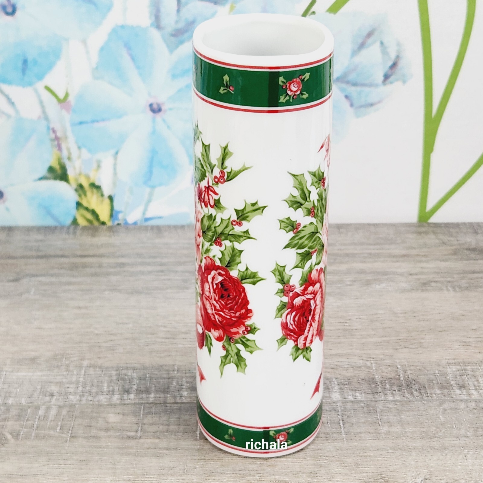 Lefton Christmas Rose Bud Vase 07678 Holly Bow Red Green White 1990 | eBay