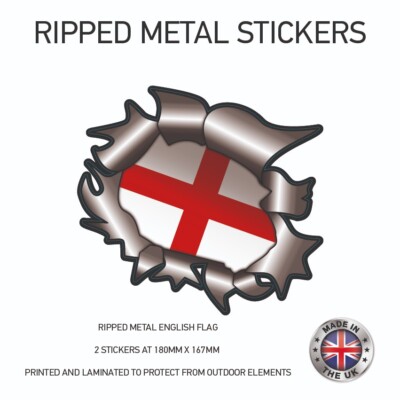 2 x English Ripped Metal Flag STICKERS 180mm x 167mm UK Bumper Car ...