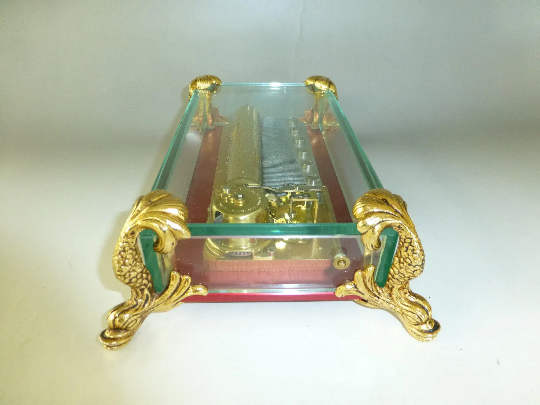 EXC VINTAGE SWISS REUGE 72 MUSIC BOX, CRYSTAL CLEAR GLASS CASE WITH ...
