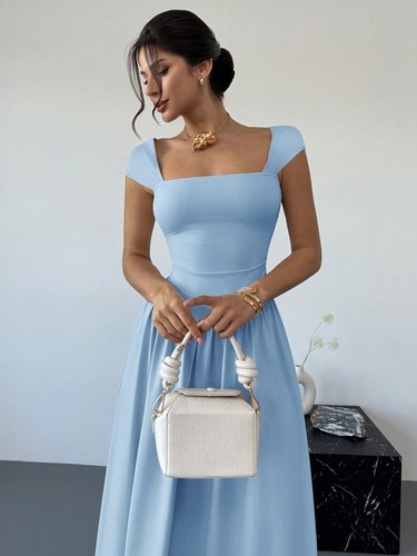 💎 Baby Blue Square Neck Maxi Dress | Elegant Cap Sleeve A-Line ...