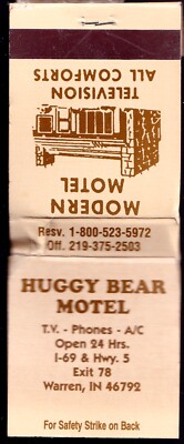 Vintage Matchbook, Unused Complete, Huggy Bear Motel, Warren, IN | eBay