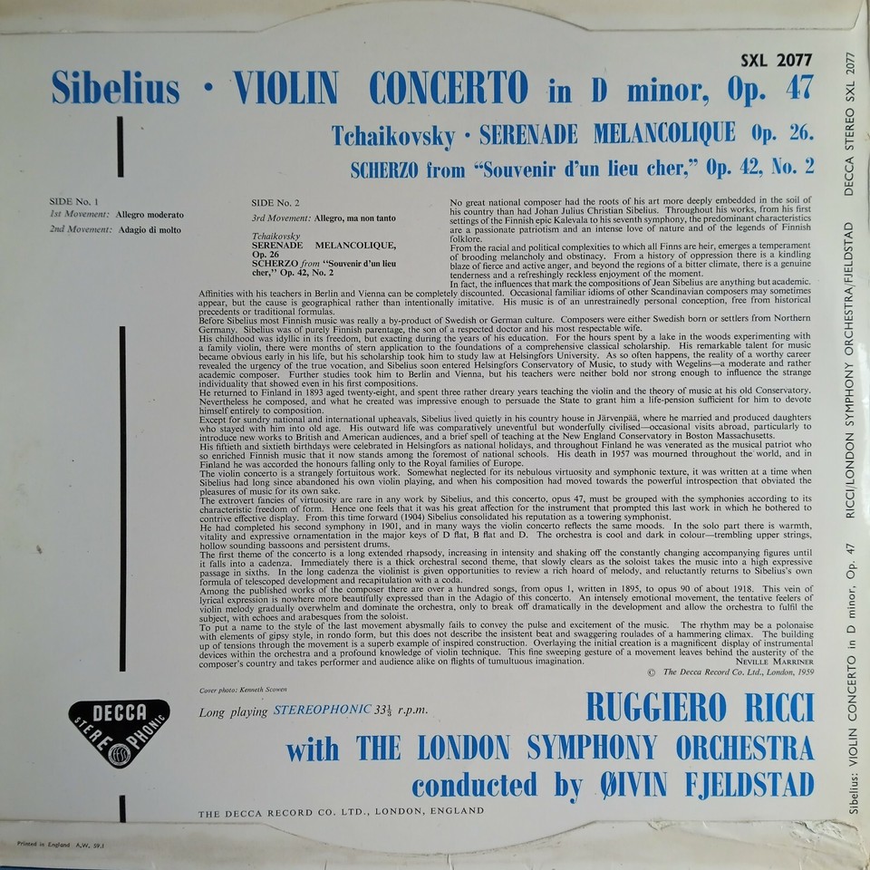 DECCA STEREO SXL 2077 WBGrED1 BBB SIBELIUS VIOLIN CONCERTO *RICCI ...