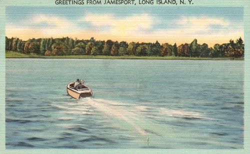 Postcard NY Jamesport Long Island Greetings Speedboat Posted 1953 Linen ...