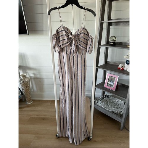 Hot Miami Styles pinstripe strappy jumpsuit flutter sleeves slit legs ...