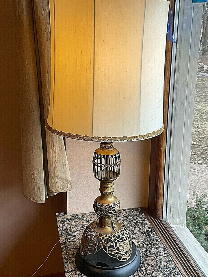 Vintage Filigree Brass/Bronze Table Lamp w/Custom Designer Shade 36 ...