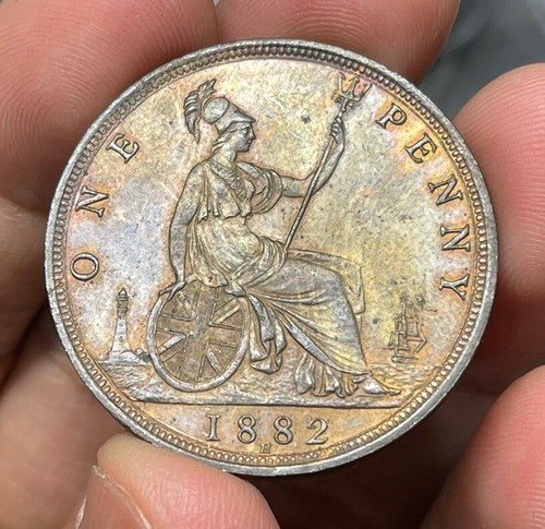 1882 H Great Britain One Penny Coin Excellent Colorful Condition RARE ...
