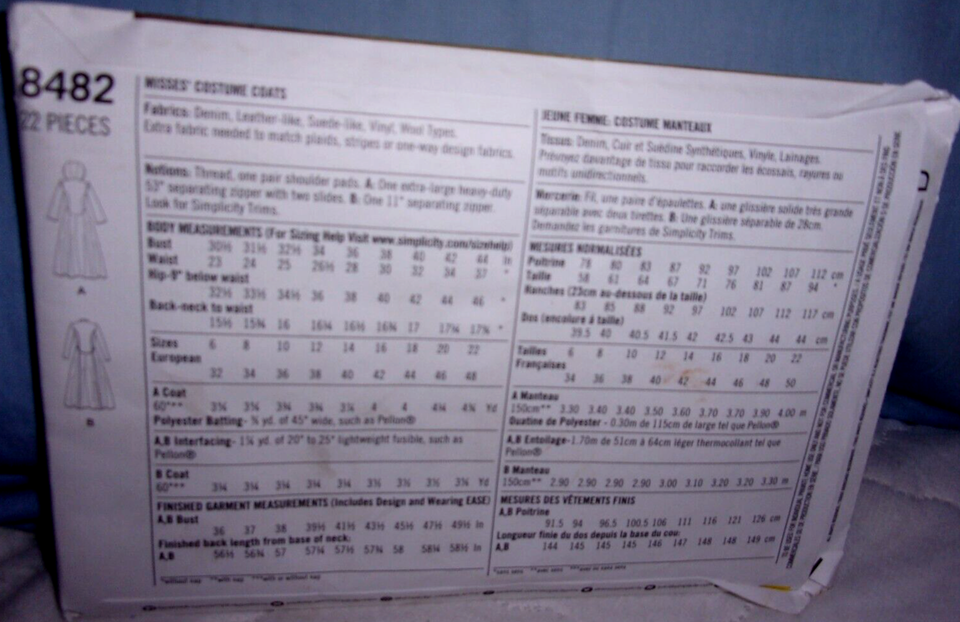 Uncut FF Pattern Simplicity 8482 Costume Cosplay Coat Hooded Coat Size ...