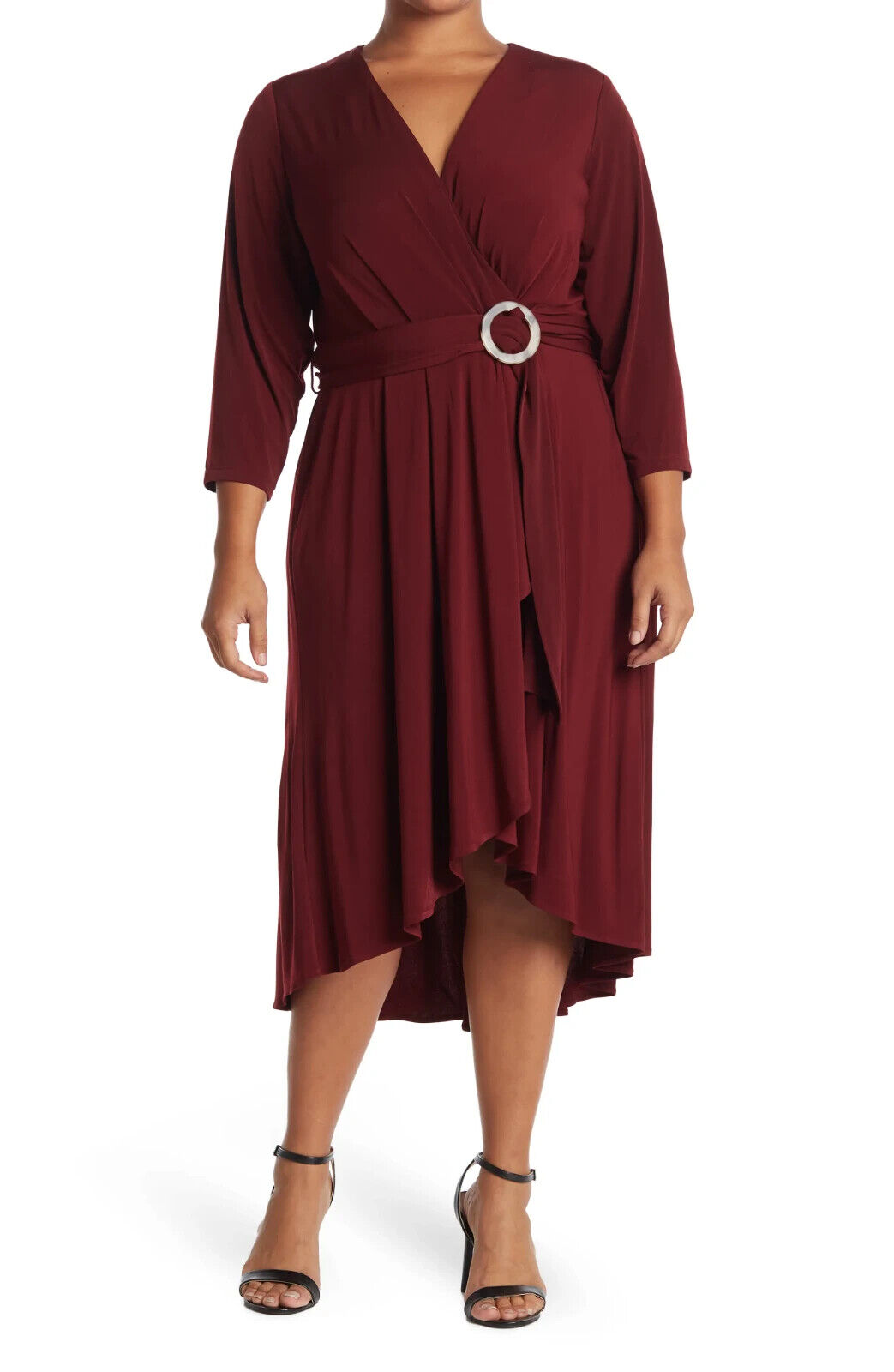 Calvin Klein Maroon Belted Asymmetrical Hem Midi Formal Wrap Dress Plus