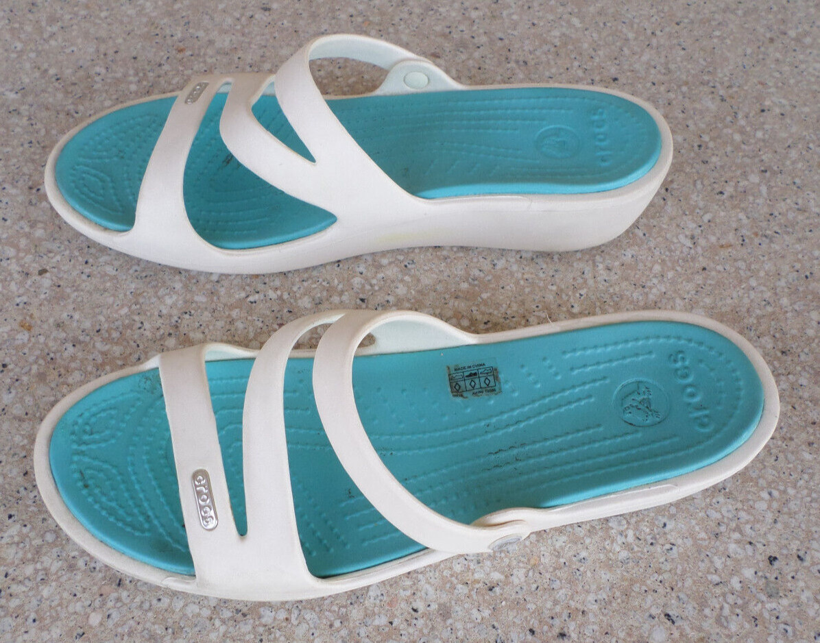 CROCS White/Blue Rubber Slide Sandals with 1.5 in. He… - Gem