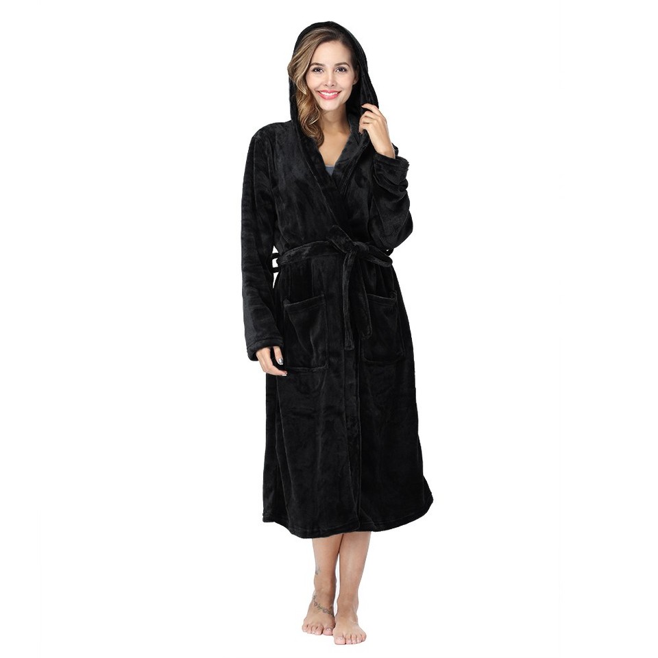 RONGTAI Womens Long Robes Plush Fleece Nightgown Thick Hooded Bathrobe ...