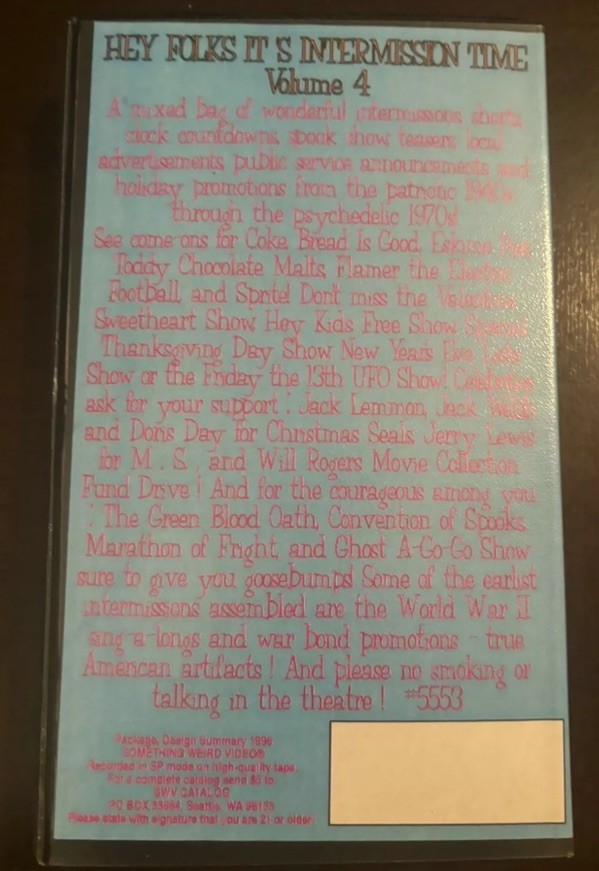 It’s Intermission Time VOL 4 VHS Horror Something Weird Release Super ...