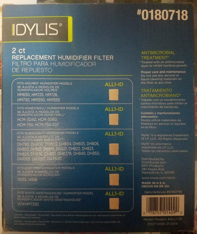 IDYLIS 2 Ct Replacement Humidifier Filter ALL1-ID BRAND NEW Free ...