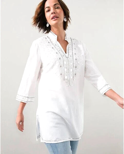 NeW! CHICO's White Linen Blend Embellished Tunic Top Cover-Up 3/16-18 ...