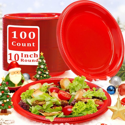 100 Pcs Red Plastic Plates 10 inch - Red Plates Disposable for Birthday ...