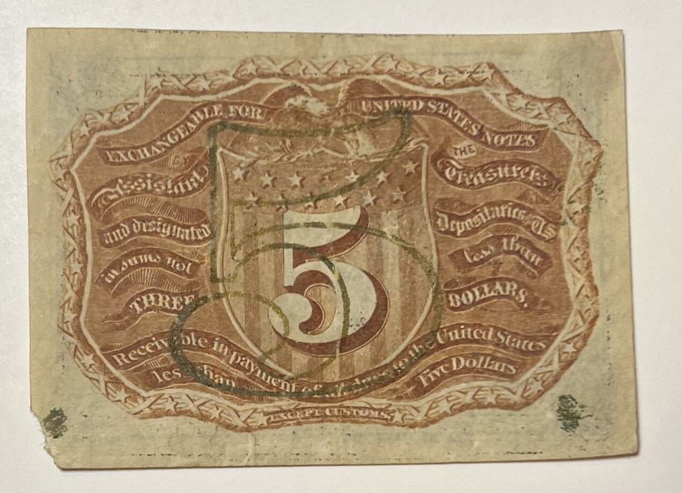1863 U.S. 5 FIVE CENTS SECOND ISSUE FRACTIONAL CURRENCY NOTE FR. 1233 ...