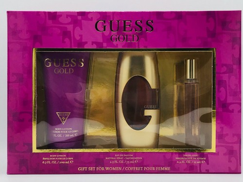 Guess Gold Women 3pc Set Parfum Spray 2.5 oz Body Lotion 6.7 Mini Spray ...