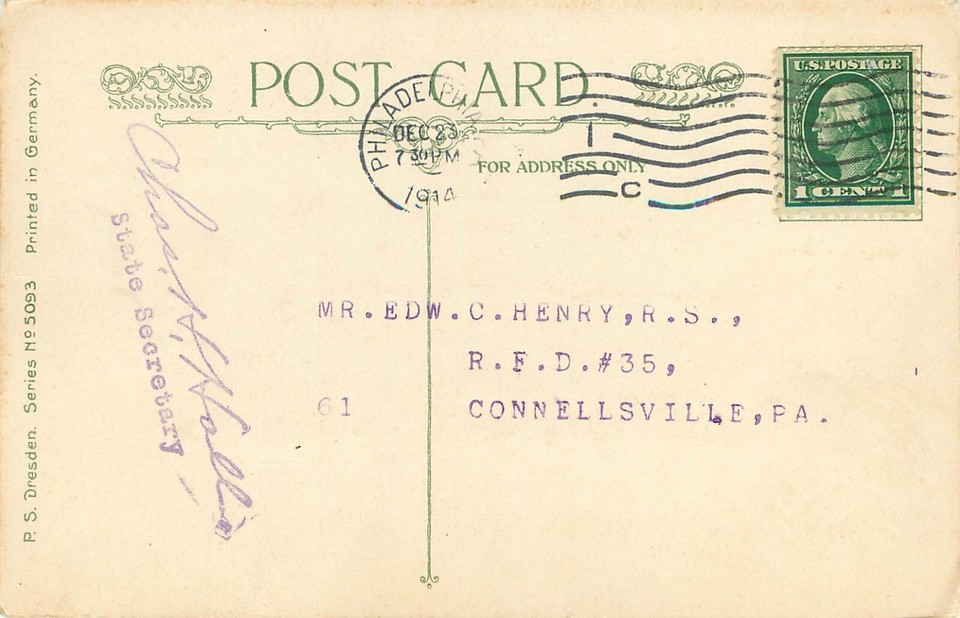 Postcard Christmas Loom Wheel Primitive Stamp State Secretary ...