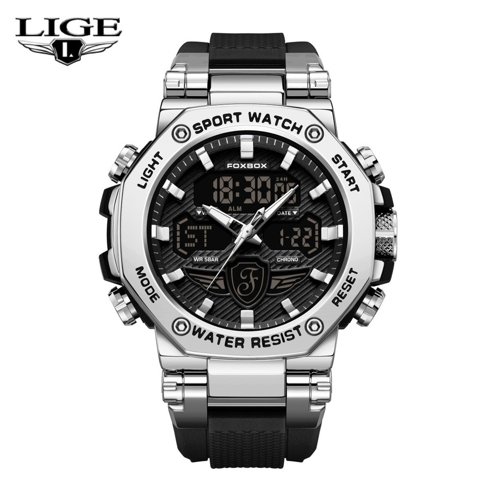 LIGE FOXBOX Men Watch Quartz LED Digital Analog 5ATM Waterproof Sport ...