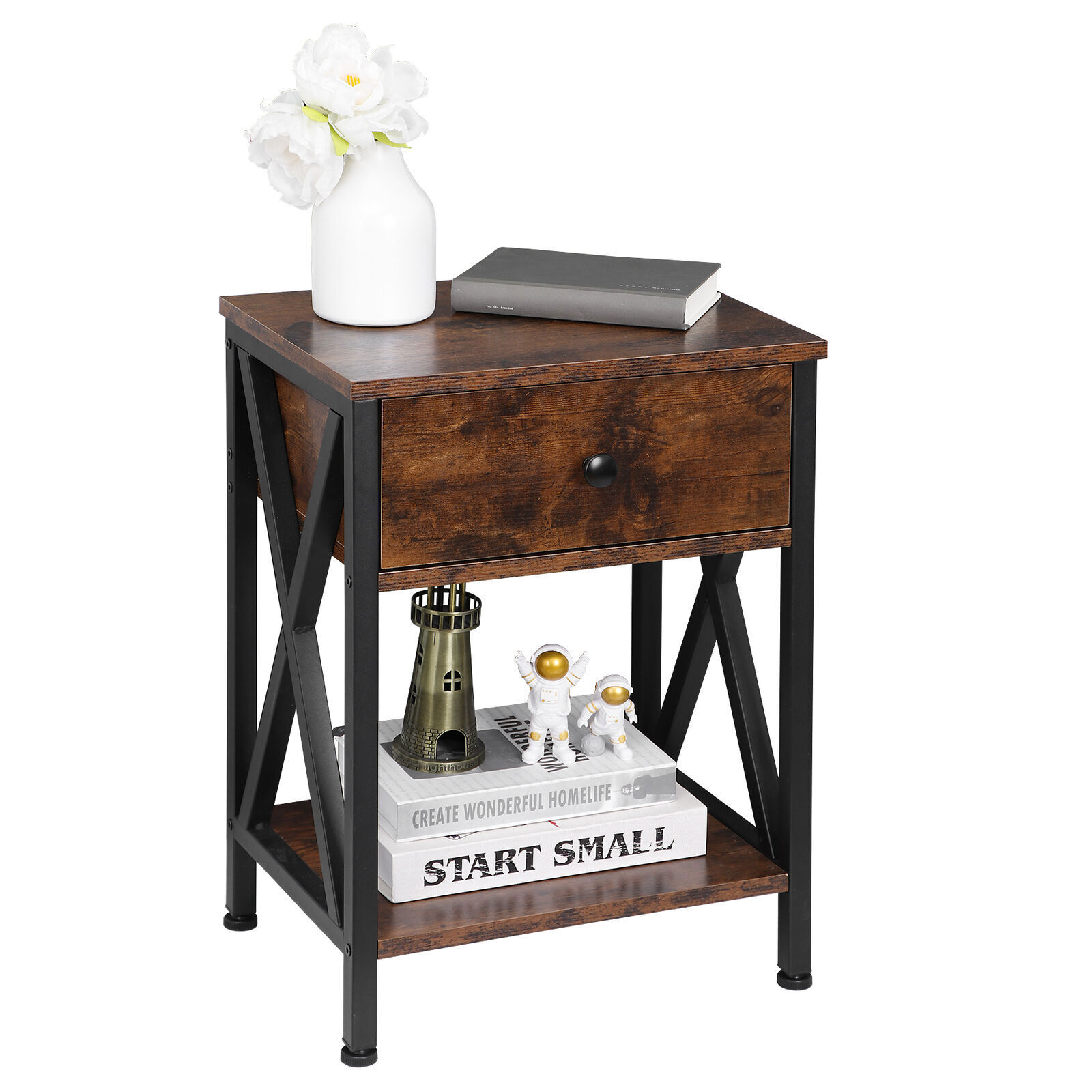 Set of 4 Brown End Table W/ Drawers X Design Small Wooden Side Table ...