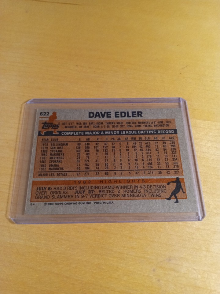 1983 TOPPS #622 DAVE EDLER Seattle Mariners Baseball Card, 3rd Base ...