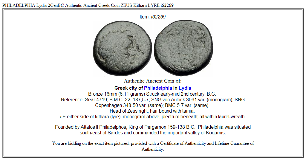 PHILADELPHIA Lydia 2CenBC Authentic Ancient Greek Coin ZEUS Kithara ...