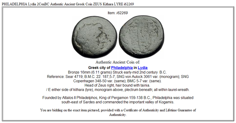 PHILADELPHIA Lydia 2CenBC Authentic Ancient Greek Coin ZEUS Kithara ...