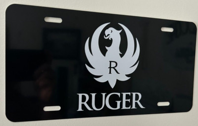 Gloss black license plate tag white Ruger inspired logo gun firearm | eBay
