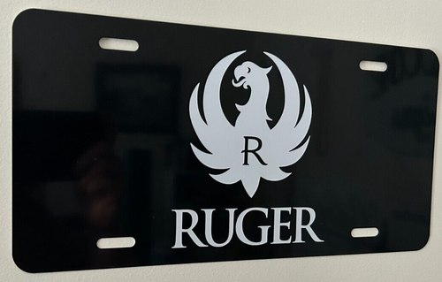 Gloss black license plate tag white Ruger inspired logo gun firearm | eBay