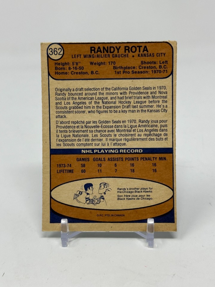 1974-75 O-Pee-Chee Hockey Randy Rota Rookie RC Card #362 | eBay