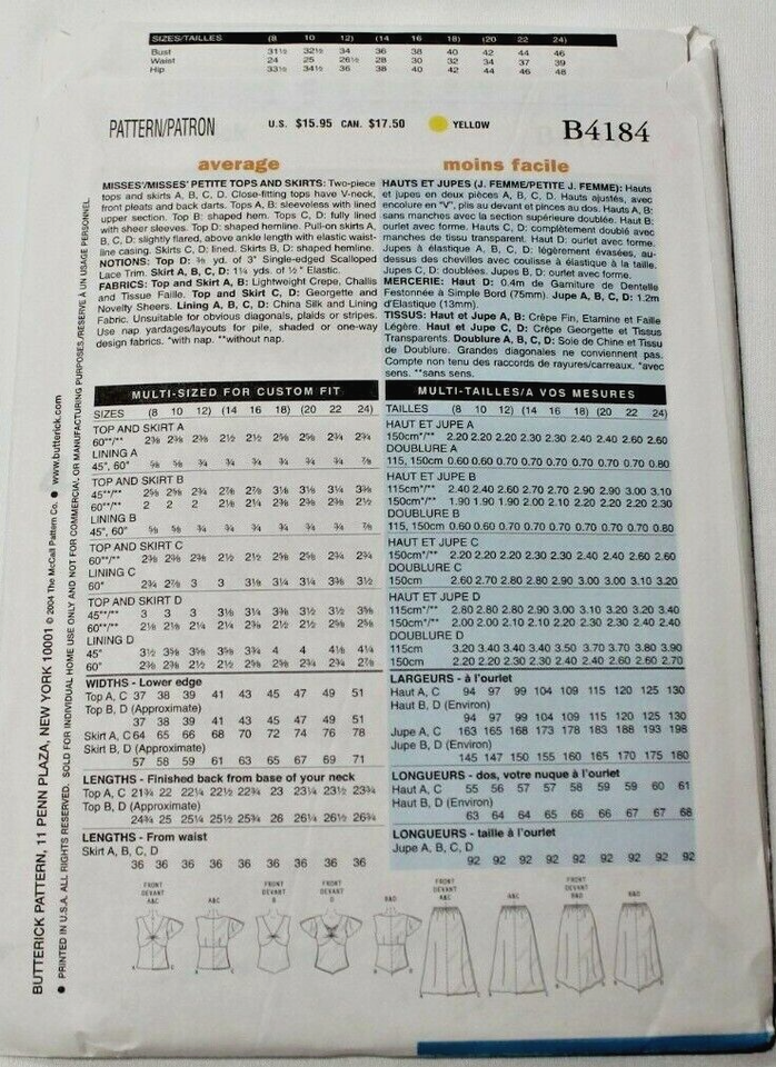 Butterick 4184 Misses V-Neck Tops & Skirts Sewing Pattern in 4 Styles ...